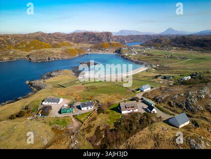 Aerial view of village and beach at Scourie, Scottish Highlands ...