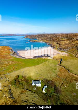 Aerial view of beach in crofting community of Clashnessie in Assynt ...