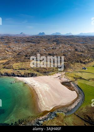 Aerial view of beach in crofting community of Clashnessie in Assynt ...