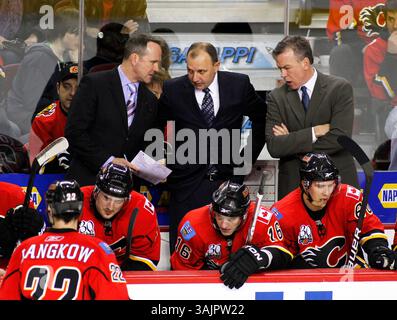 Calgary Flames' head coach Ryan Huska describes a training drill during ...
