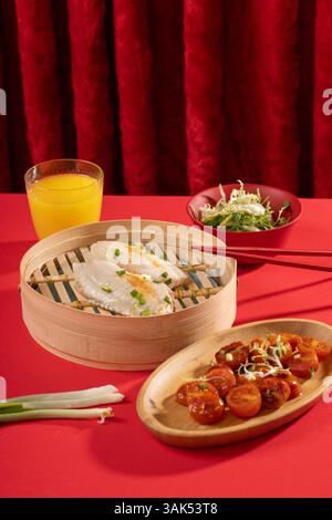 Modern style traditional steamed white asparagus served as close-up on ...