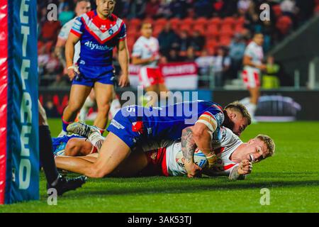 George Delaney of St. Helens during pre-game warm up during the Betfred ...