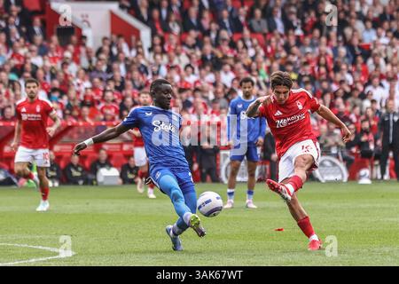Nicolas Dominguez of Nottingham Forest takes a knock during the Premier ...