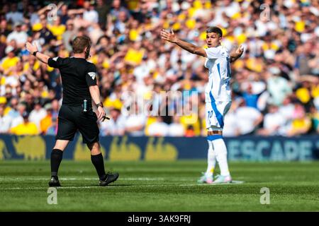 Joel Piroe of Leeds United reacts to missed chance during the Premier ...