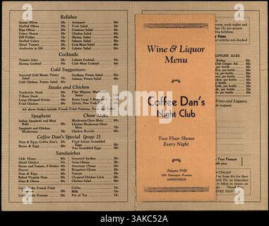 The menu from Coffee Dan's Night Club features a variety of appetizers ...