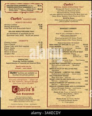 The 1974 banquet menu for Charlie's Cafe Exceptionale offers a variety ...
