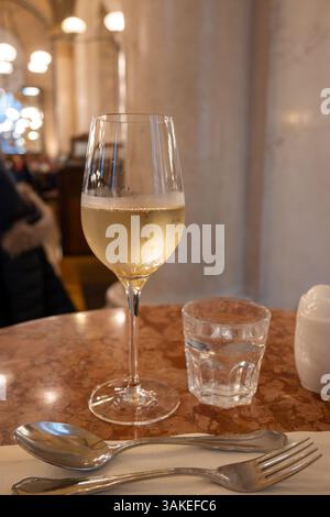 Lifestyle of beautiful Vienna, glass of cold white dry Austrian wine ...