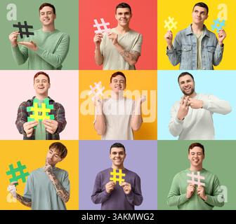 Collage of many young men with hashtag symbols on color background ...