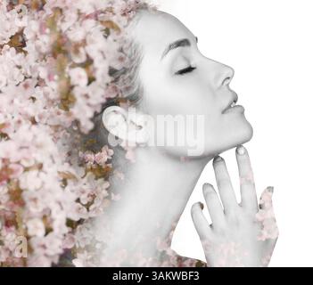 double exposure on the background of trees, people on the background of ...