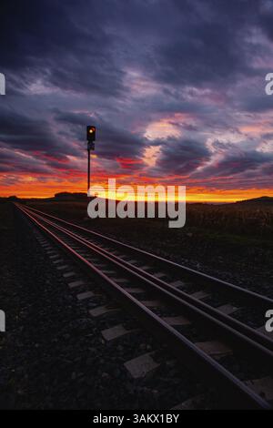 Morning train to the hell. Old Railway tracks running through a field ...