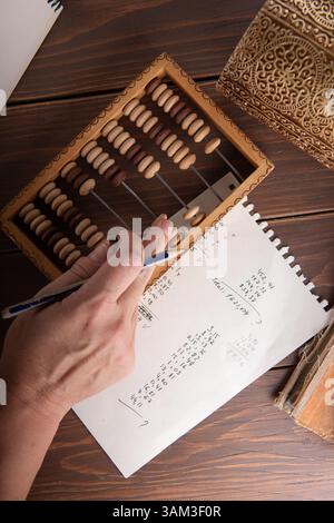 Calculation concept with hands and accounting wooden abacus Stock Photo ...