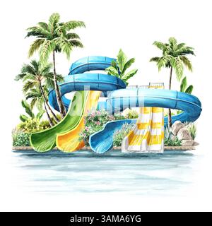 Water slides. Hand drawn watercolor illustration isolated on white ...