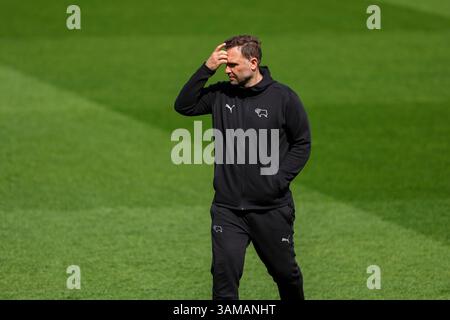 John Eustace, manager of Derby County watches the action during the Sky ...