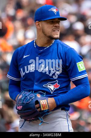 Toronto Blue Jays pitcher Jose Urena warms up before a baseball game ...