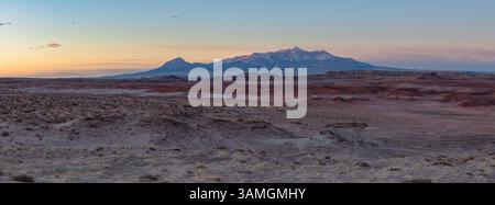 The colorful Bentonite Hills and the Henry Mountains outside of ...