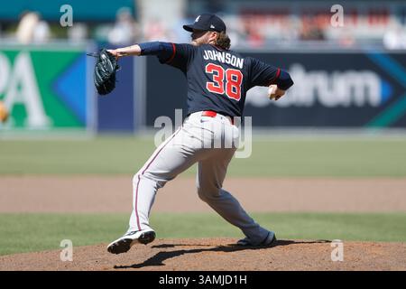 Atlanta Braves pitcher Pierce Johnson delivers in the ninth inning of a ...