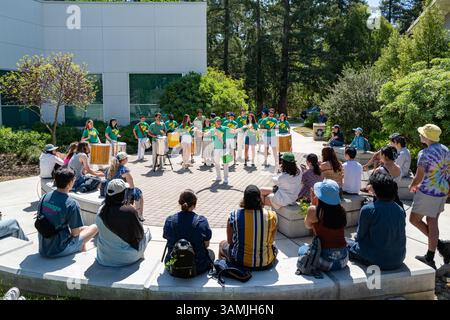 An audience listens to the U.C. Davis Samba School, an ensemble that ...