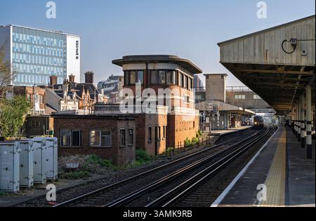 The disused redbrick signal box at Woking station used from 1937 to ...