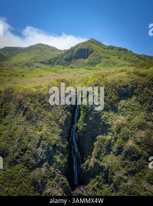 Aerial view of Moneron island with green hills, fog and mist, Sahalin ...