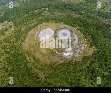 Aerial view of Sakhalin Island with craters and volcano, Makarov ...