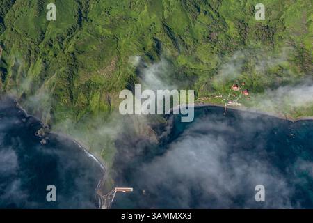 Aerial view of Moneron island with greenery and boats, Moneron Island ...