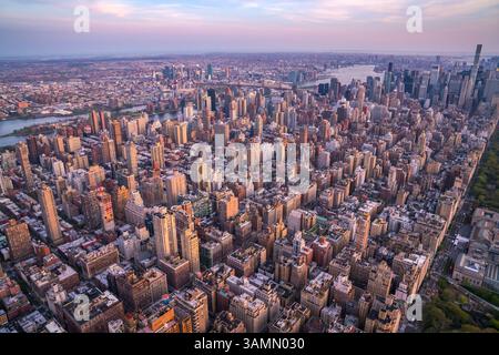 Aerial view of Manhattan's beautiful skyline at sunset, New York ...
