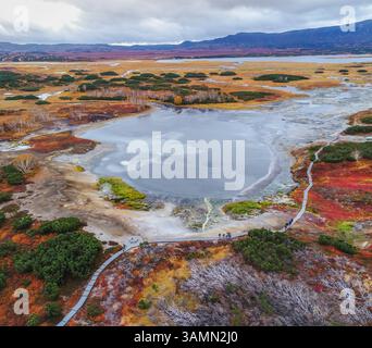 Aerial view of Uzon, a volcanic caldera and geothermal area with hot ...