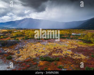 Aerial view of Uzon, a volcanic caldera and geothermal area with hot ...