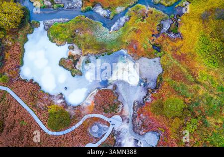 Aerial view of Uzon, a volcanic caldera and geothermal area with hot ...