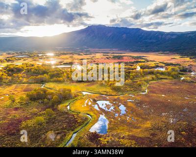 Aerial view of Uzon, a volcanic caldera and geothermal area with hot ...