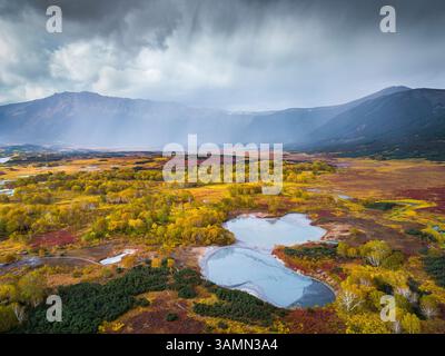Aerial view of Uzon, a volcanic caldera and geothermal area with hot ...