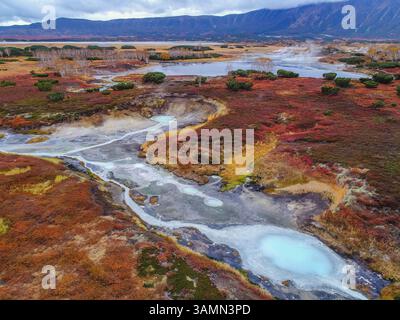 Aerial view of Uzon, a volcanic caldera and geothermal area with hot ...