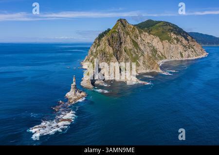 Aerial view of Aniva Lighthouse on Cape Aniva, Sakhalin Island, Russia ...