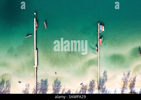 Aerial view of Boat Piers ,Saracen Bay,Koh Rong Sanloem,Cambodia Stock ...