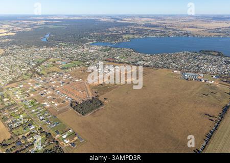 Aerial view of Yarrawonga with beautiful lake, residential homes, and ...