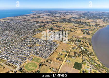 Aerial view of Lake Connewarre Wildlife reserve with small settlements ...