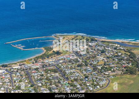 Aerial view of Apollo Bay, a small town with a Coastal Reserve along ...