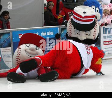 Cincinnati Reds mascot Mr. Red performs during a baseball game against ...
