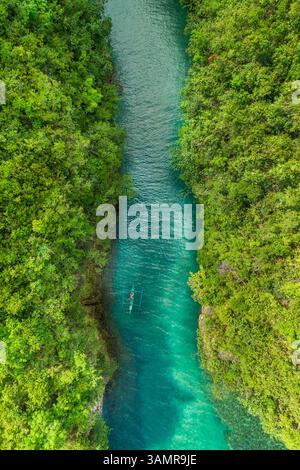 Aerial view of Bojo River and traditional fishing boat, Aloguinsan ...