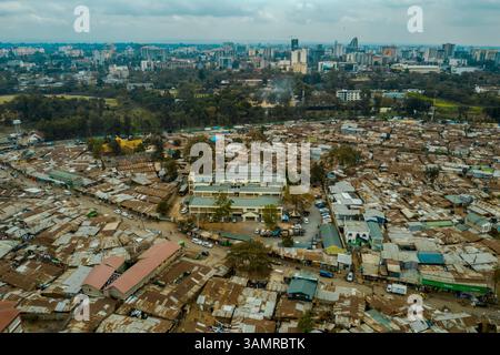 Aerial view of the crowded and dense Kibera slum with residential ...