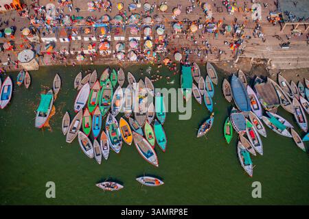 Aerial view of Varanasi, the spiritual capital of India and Ghats in ...