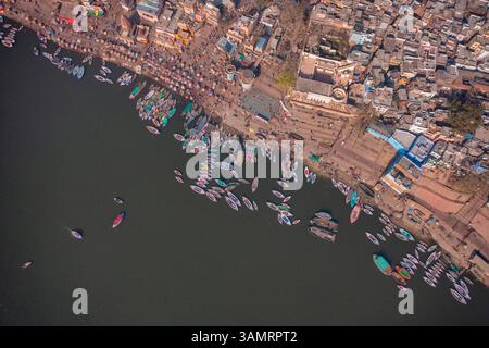 Aerial view of Varanasi, the spiritual capital of India and Ghats in ...