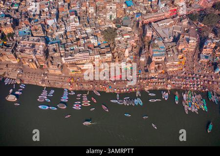 Aerial view of Varanasi, the spiritual capital of India and Ghats in ...