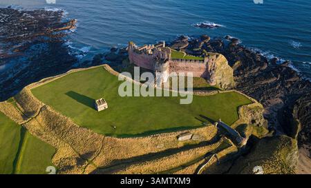 Aerial view of Tantallon Castle overlooking ocean and cliffs, North ...