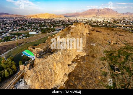 Aerial view of Castle of Van and paramotors, Van, Turkey Stock Photo ...