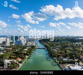 Miami Beach marina aerial drone view with skyline. Miami from above ...