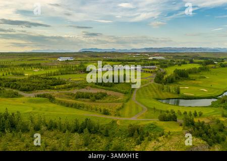 Aerial view of Hamarsvöllur golf course and Icelandair hotel Hamar with ...