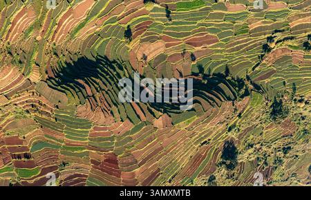 Aerial view of Polur Village with terrace fields in Tamil Nadu region ...