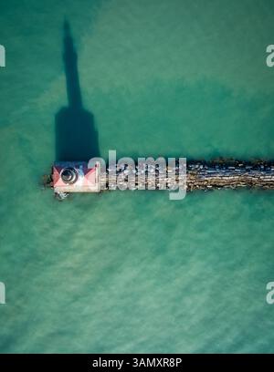 Aerial view of artificial mole leading to lighthouse, Chicago, USA ...