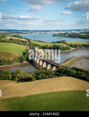 Aerial view of Forder viaduct at lowtide with River Lynher, Forder ...